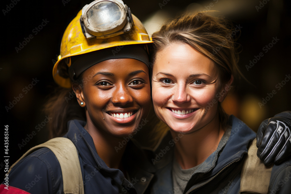 Intimate moment of a brave lesbian couple in rescue uniforms, holding ...