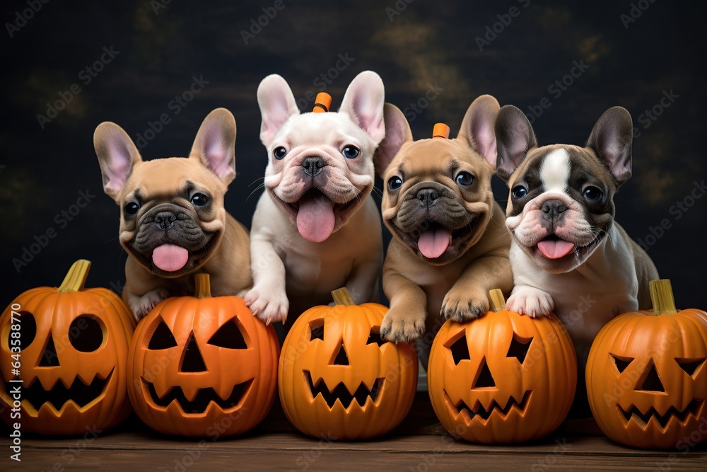 A pack of furry friends, snouts filled with excitement, explore a pumpkin patch on a crisp ...