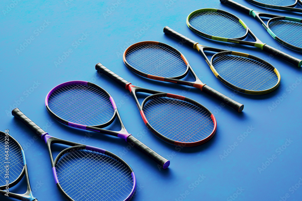 Professional tennis racquets in various colors. Blue background. Game ...
