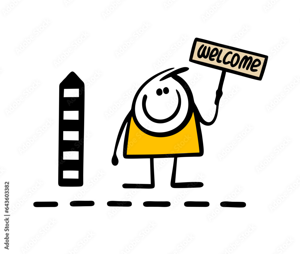 Friendly stickman stands with a welcome sign and invites tourists to ...