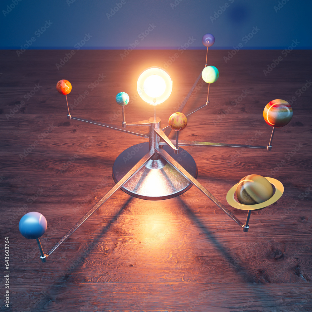 Toy Solar system model planets on the spinning arms rotating around the ...