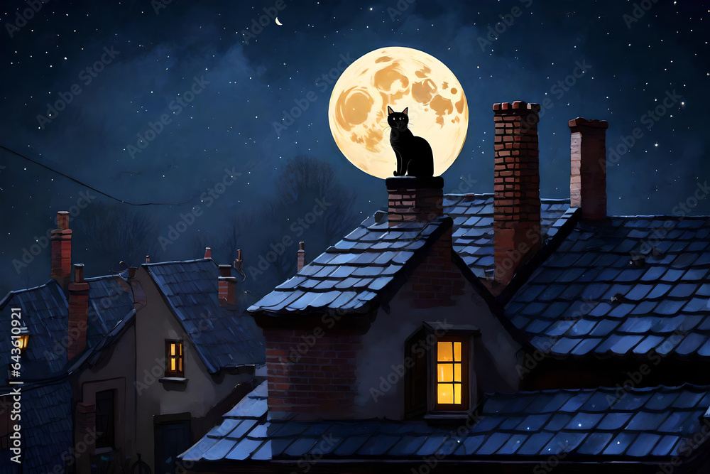 A moonlit rooftop scene in an old village, with a cat sitting atop a ...