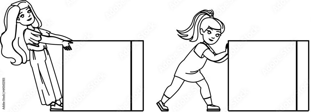 kid girl push pull vector. cube game, tug war, children outdoor, cute ...
