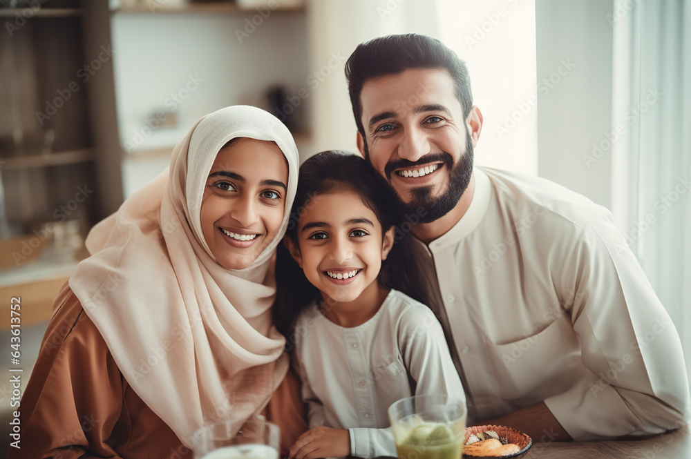 Happy muslim family gathered around kitchen table at home. Stock Photo ...