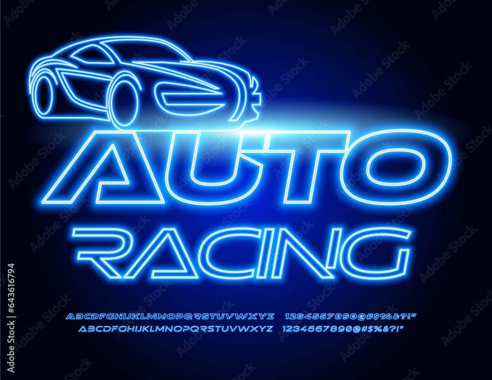 Vector glowing emblem Auto Racing with decorative Car. Blue Neon Font ...