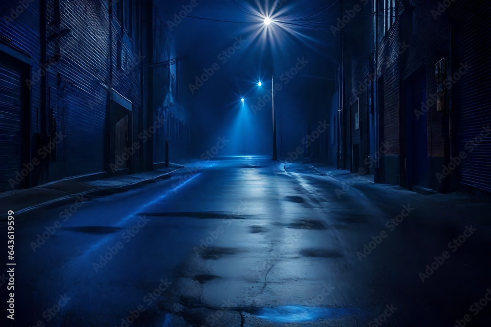 In the heart of a dark and mysterious street, an abstract dark blue ...