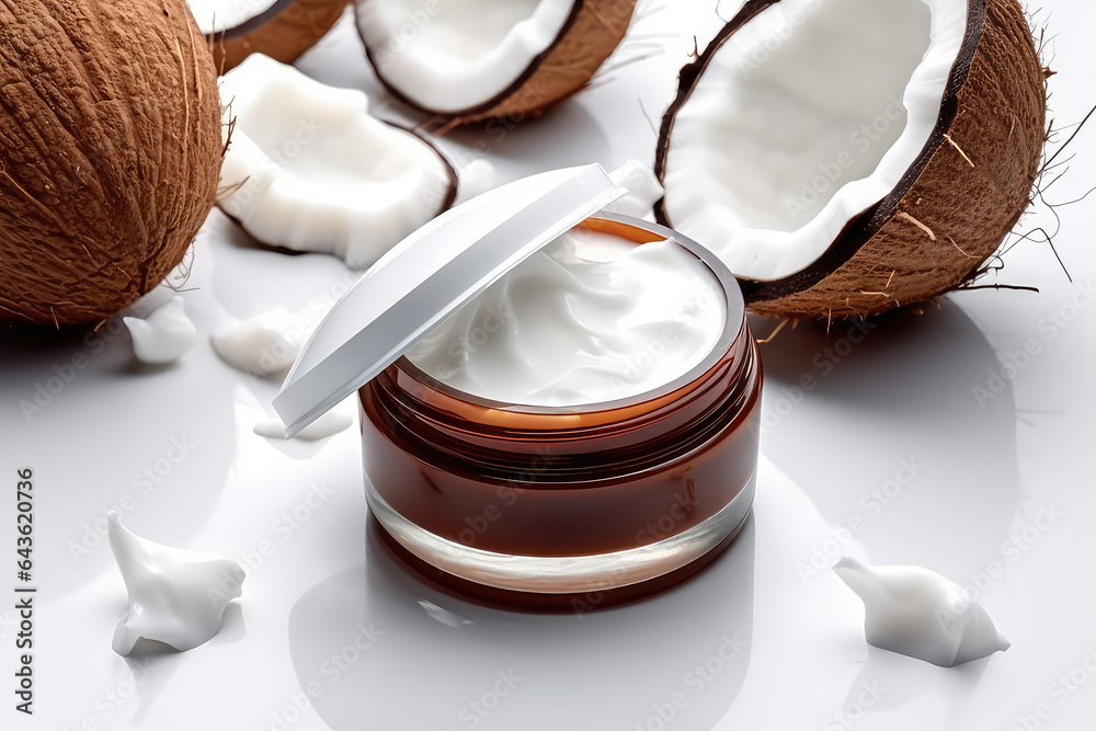 Round jar of natural cosmetic white coconut cream with moisturizing ...