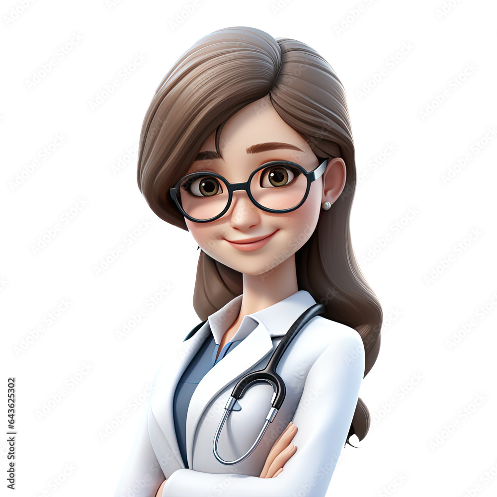 3D Happy cartoon female doctor. Cartoon doctor on transparent ...