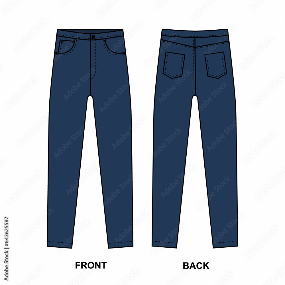 Technical drawing of straight fit jeans, isolate on a white background ...