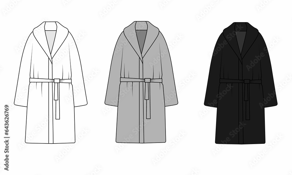 A set of drawings of bathrobes in white, gray, black colors. Template ...