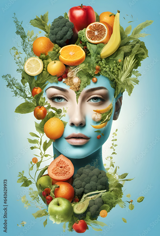 Visage humain avec fruits et légumes, bienfaits des fruits et légumes ...