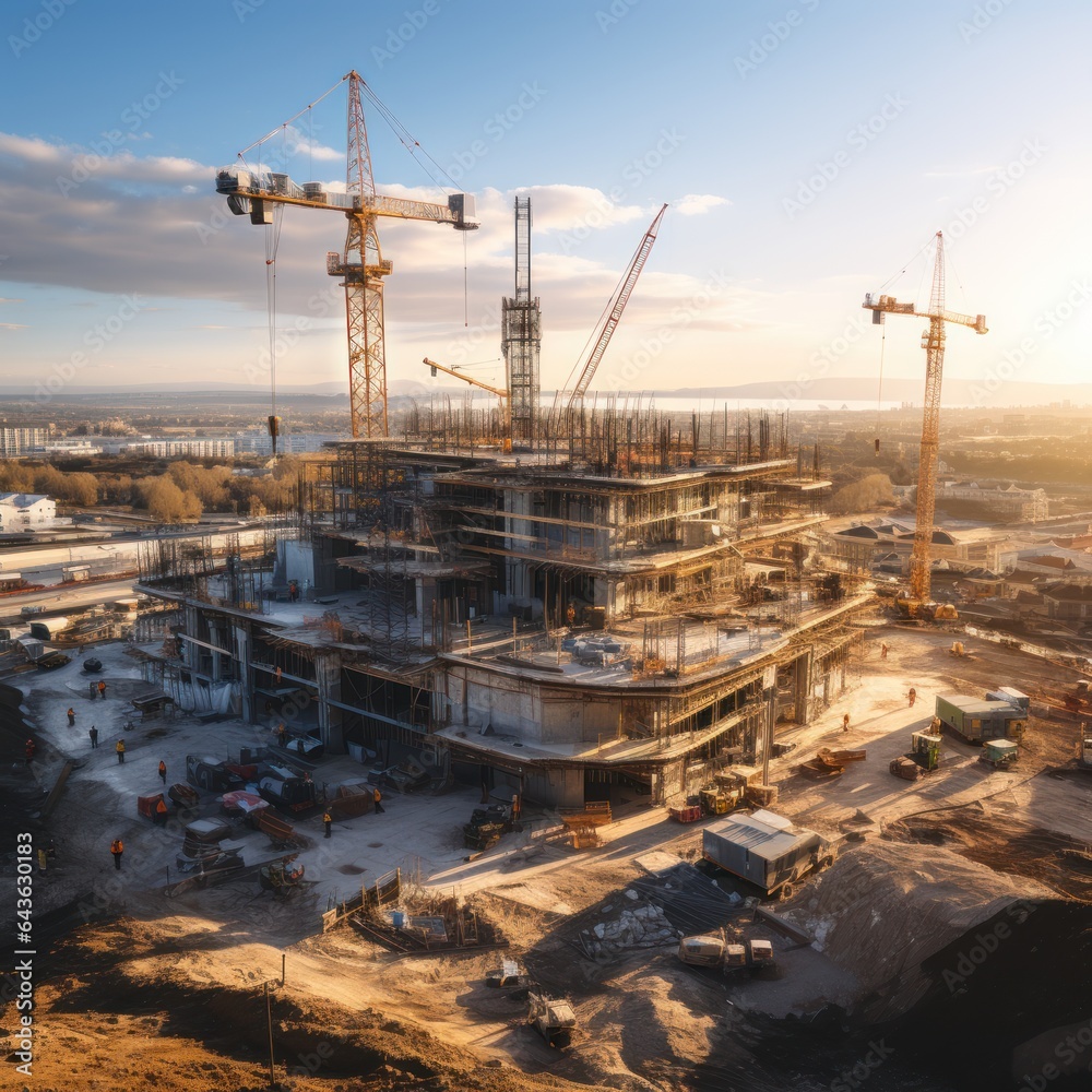 Construction building process with crane elements, unfinished building ...