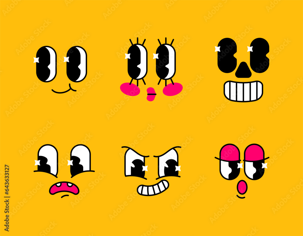 Vector set of funny faces cartoon characters retro 30s. Collection of ...