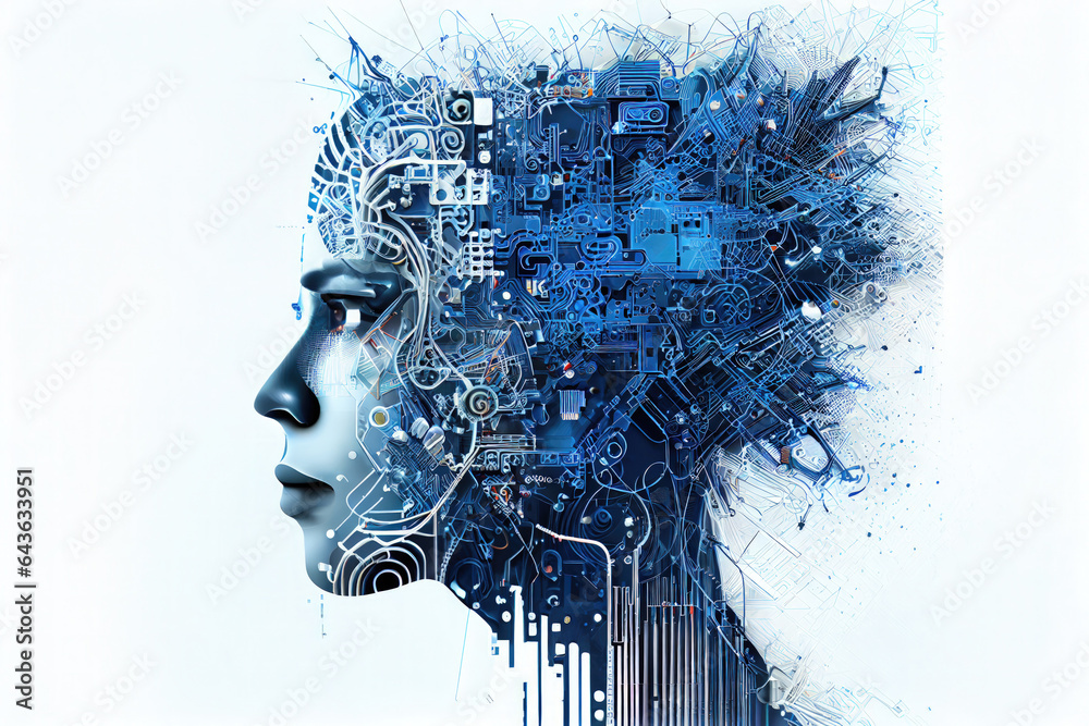 Realistic Artificial intelligence. Computer mind connections head ...