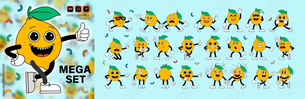 Big set of retro cartoon stickers with funny comic Lemon characters ...