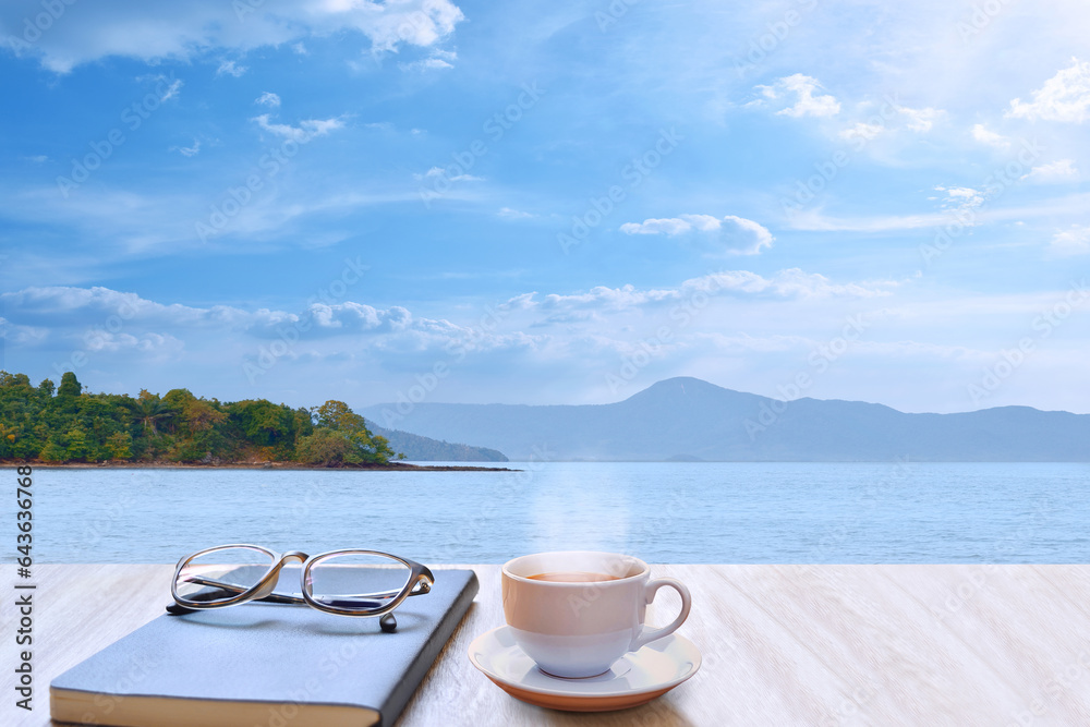 Sea, blue sky and white clouds And a fishing boat. As far as the eye ...
