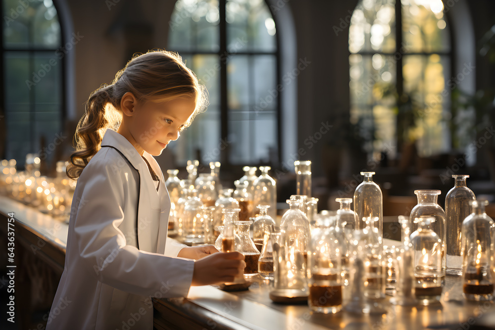 Child scientist. A girl smiling wearing white scientist. Stand doing ...