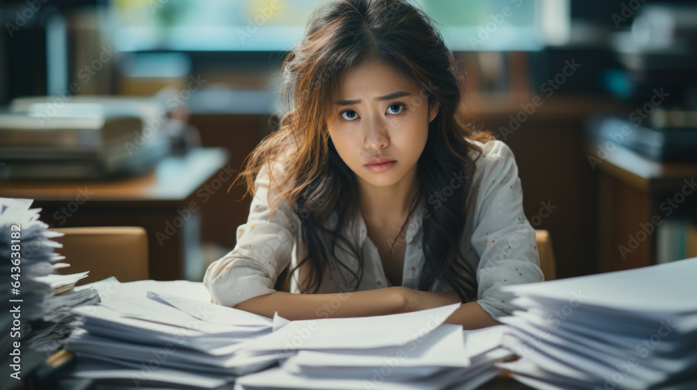 Asian business woman whose desk is full of documents at work ...