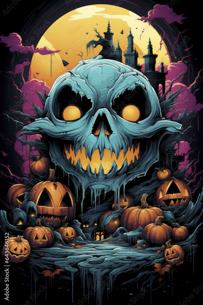 Whimsical Halloween scene featuring a jack-o'-lantern, bats, and a ...
