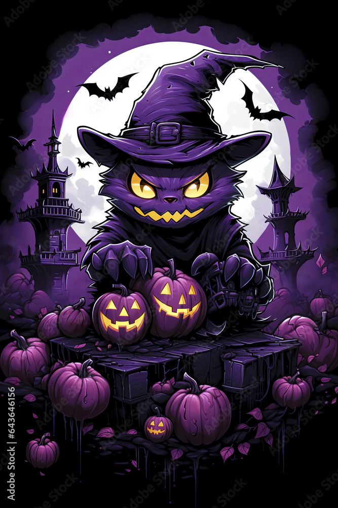 Spooky Halloween scene featuring a jack-o'-lantern, bats, a haunted ...