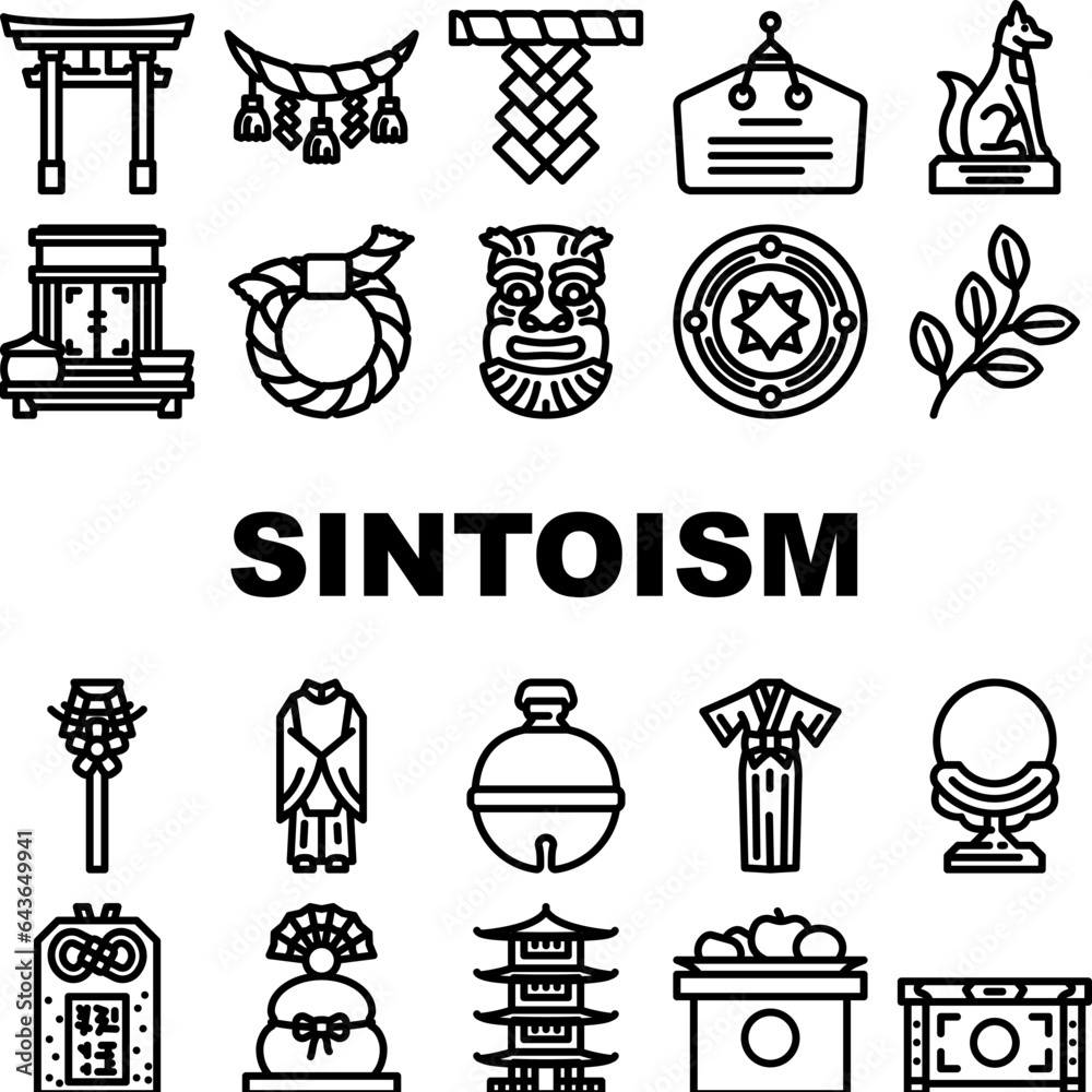 shinto japan shrine travel icons set vector. temple worship, asia ...