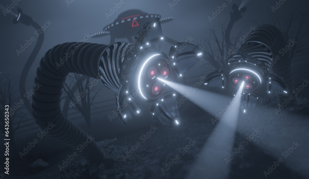 Alien robotic tripod in foggy night. Futuristic machine is searching ...