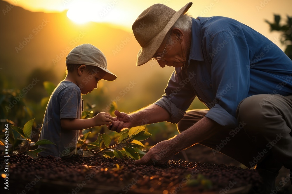 grandparent and grandchild in the farm. small family rural business ...