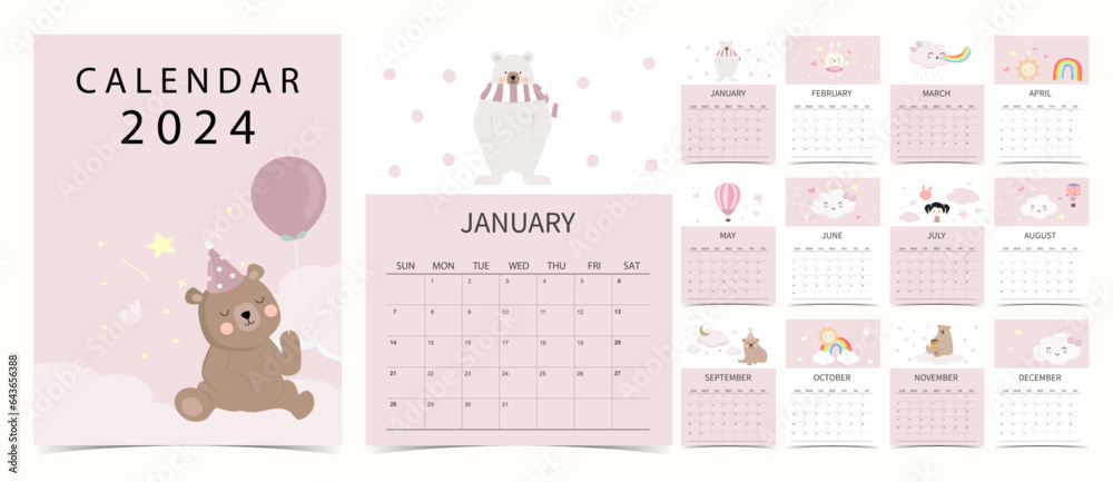 2024 table calendar week start on Sunday with bear that use for ...