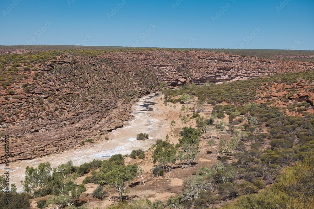 Deep and wide valley created by Murchison River. Inland River Gorges ...