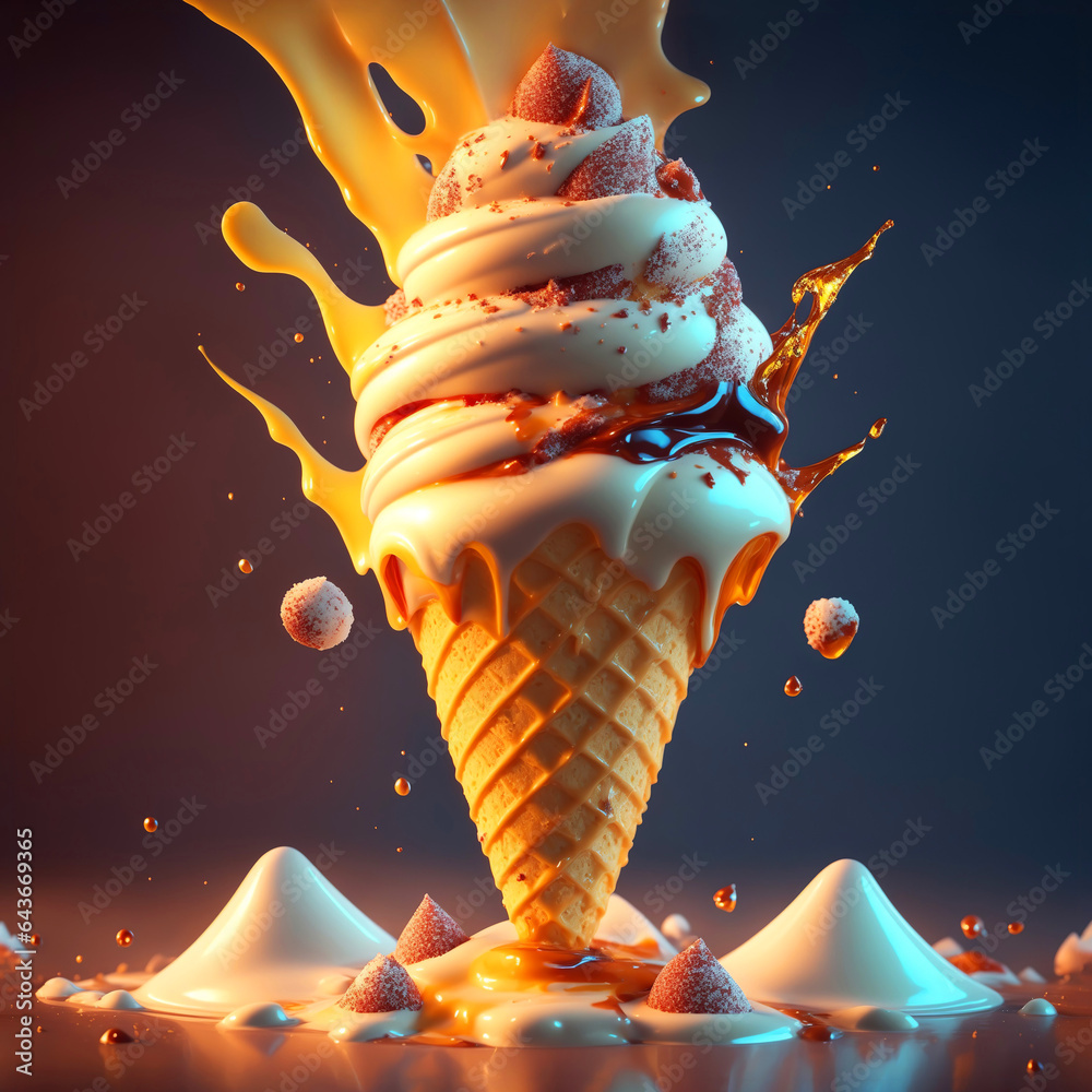 Delicious splash ice cream cone design with liquify sweets dessert ...