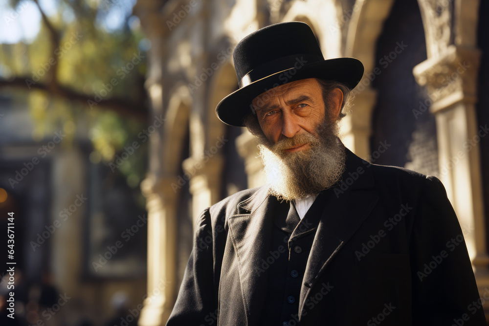 Foto de Jewish priest, positioned before the Synagogue, representing ...