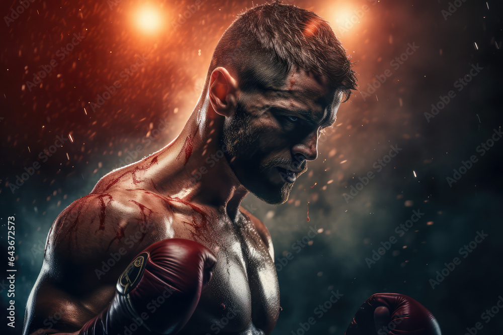 boxer throwing punch in a dark boxing ring with a lighted backdrop ...