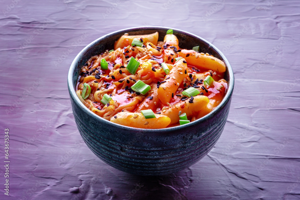Rabokki, tteokbokki or topokki with ramen, Korean street food, spicy ...