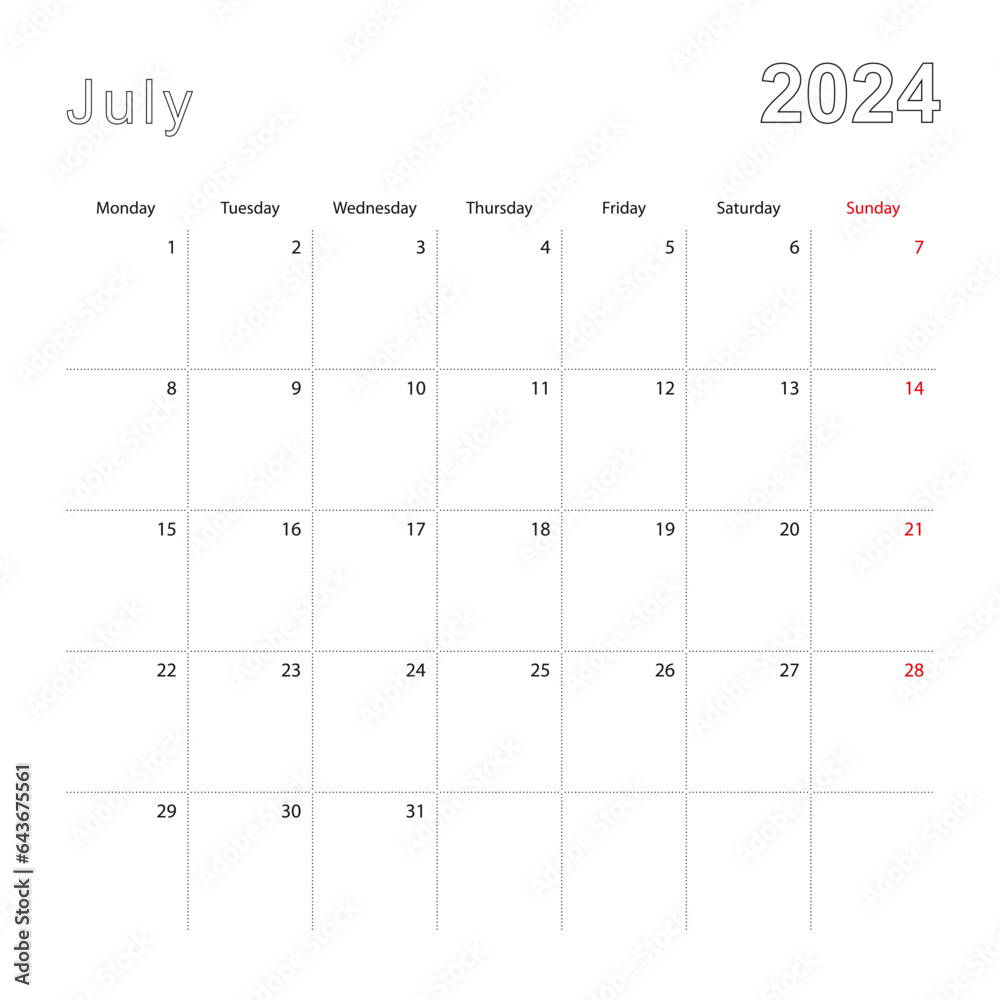 Simple wall calendar for July 2024 with dotted lines. The calendar is ...