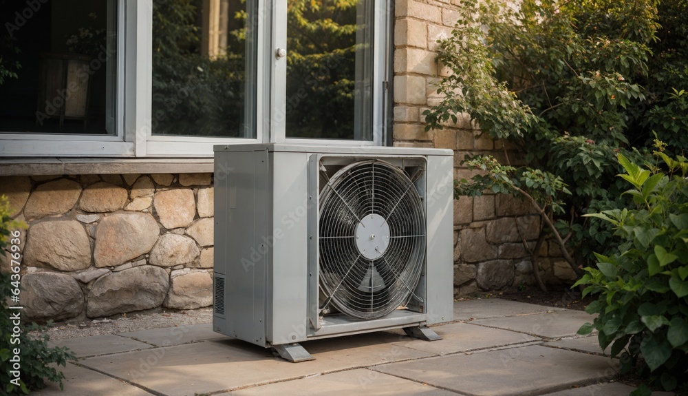 a compact air conditioner unit installed outside of window on stone ...