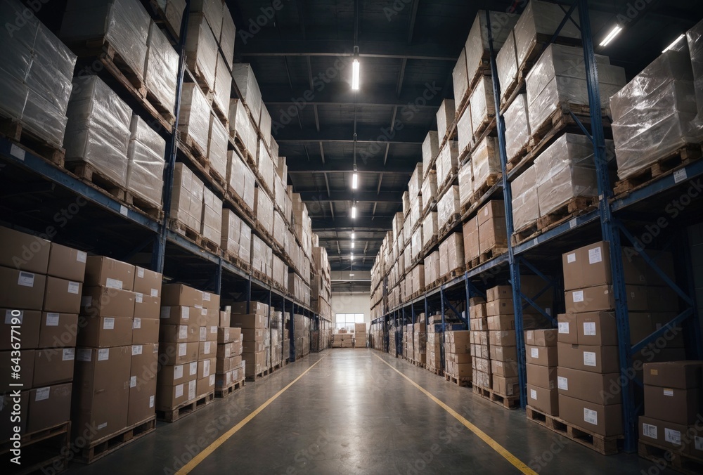 an interior view of a storage warehouse with boxes and lamps Stock ...