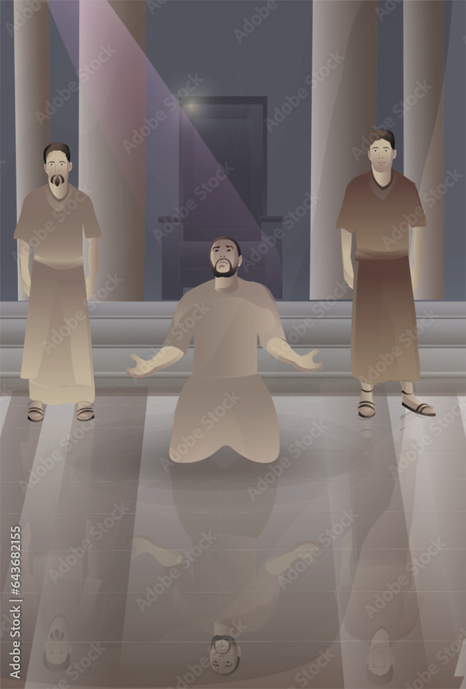 King of Nineveh on his knees. Repentance of Nineveh. Jonah in Nineveh ...