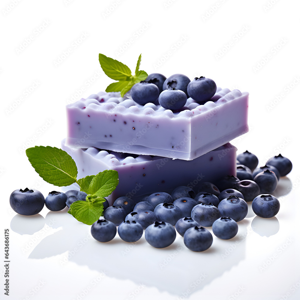 Handmade blueberry soap isolated with a white background and a sprig of ...