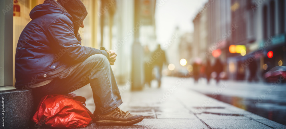 Homeless people on city streets, hungry homeless begging for help and ...