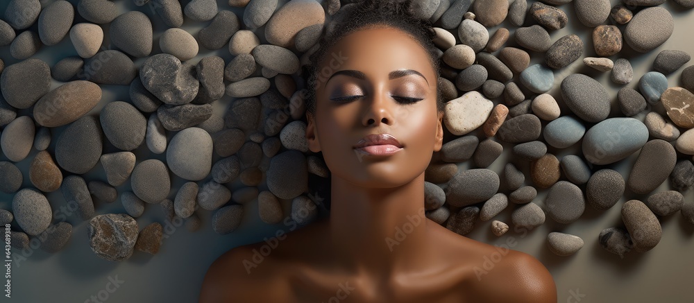 African American woman with pebbles on back promotes national spa week ...