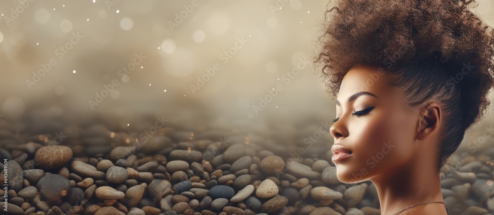 African American woman with pebbles on back promotes national spa week ...