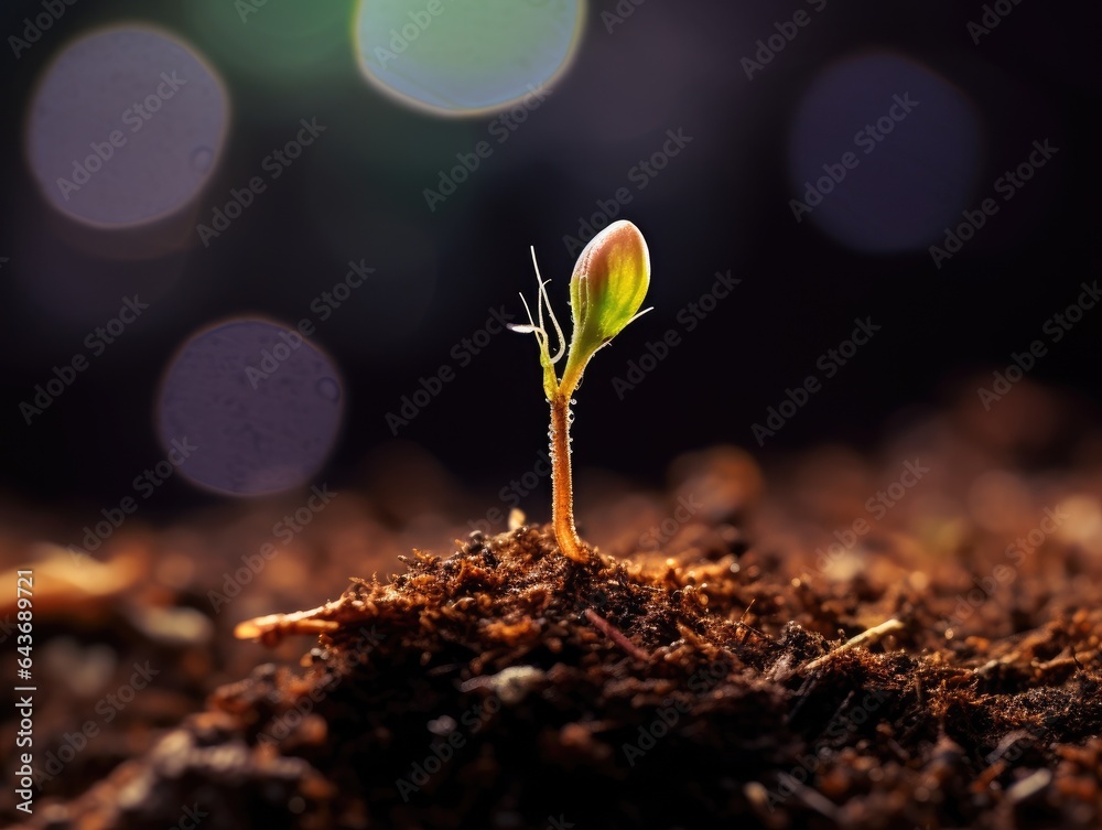 Macro photograph of a single seed sprouting from the soil, capturing ...