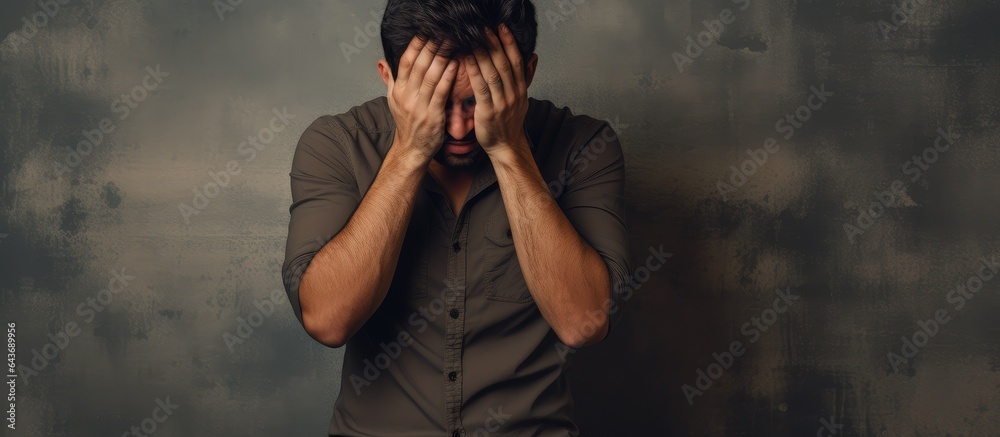 Sad frustrated young man hiding his eyes in despair crying seen from ...