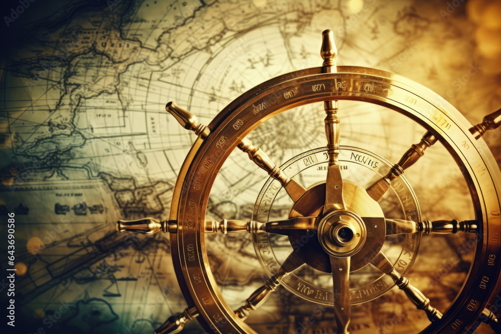 Vintage navigation background illustration with steering wheel, charts ...