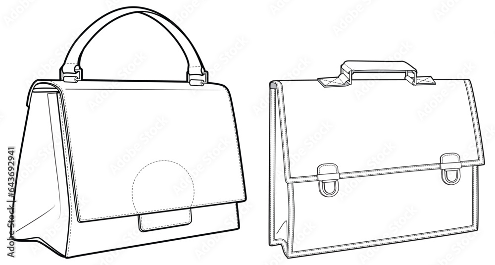 Set of business Briefcase bag flat sketch fashion illustration drawing ...