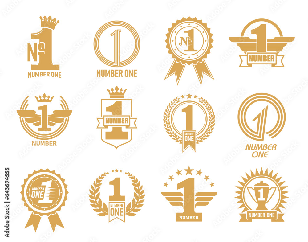 Vetor de Number one icons, first place emblems with golden crown and ...