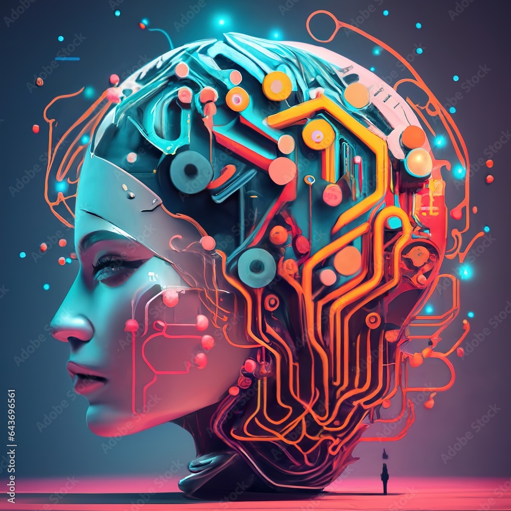 llustration of a ai brain with nodes, digitalization, blue color pallet ...