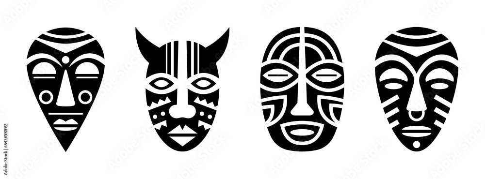 Ritual masks of shamans and aborigines set. Voodoo face totem of ...
