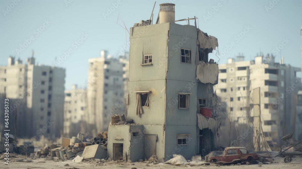 Apartment building in ruins, war torn cityscape, broken and destroyed ...