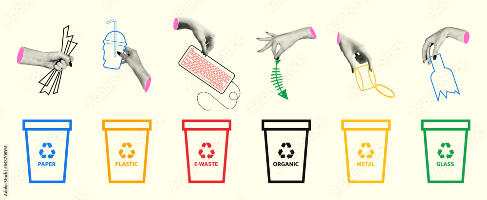 Retro collage of garbage sorting. Waste sorting bins. Badge for ...